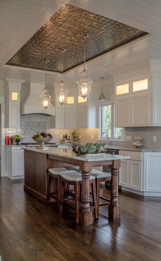 Tin Ceiling Over Kitchen Island | Shelly Lighting