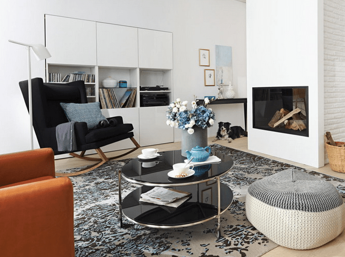 Contemporary Living/Dining Room Design With Rust And Blue Accents ...