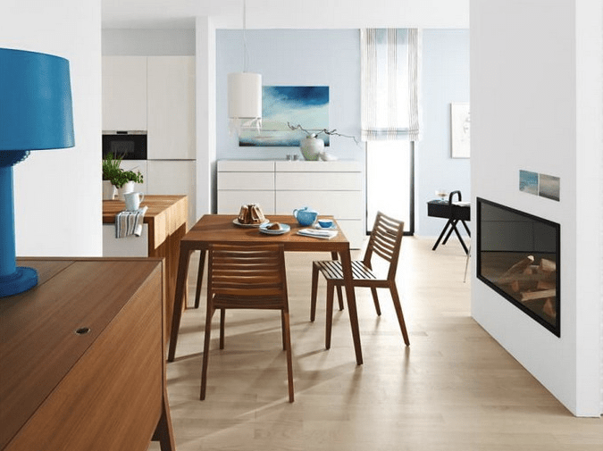 Contemporary Living/Dining Room Design With Rust And Blue Accents ...