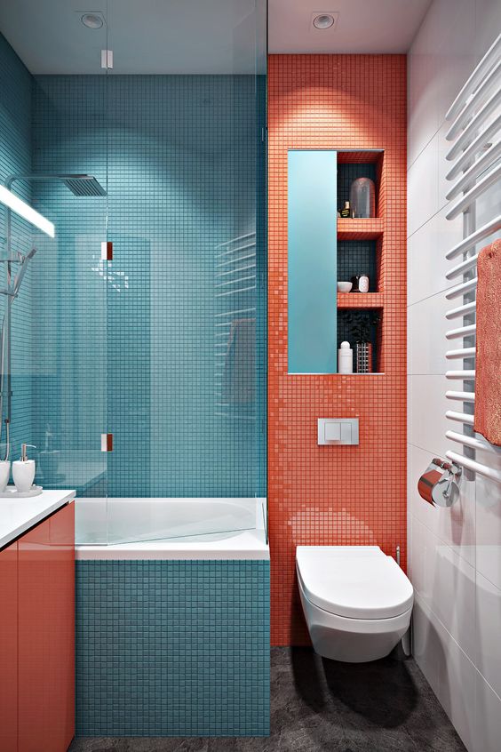 25 Bright And Cool Color Block Ideas For Bathrooms - DigsDigs